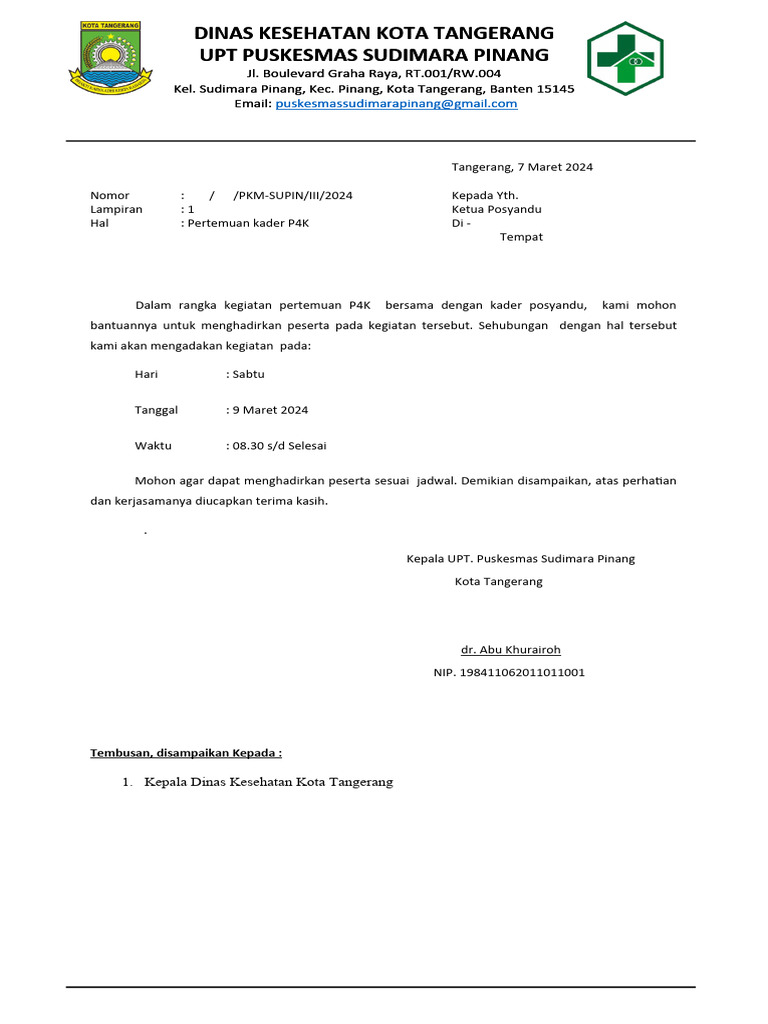 Surat Undangan Pertemuan Kader Supin 2024 | PDF