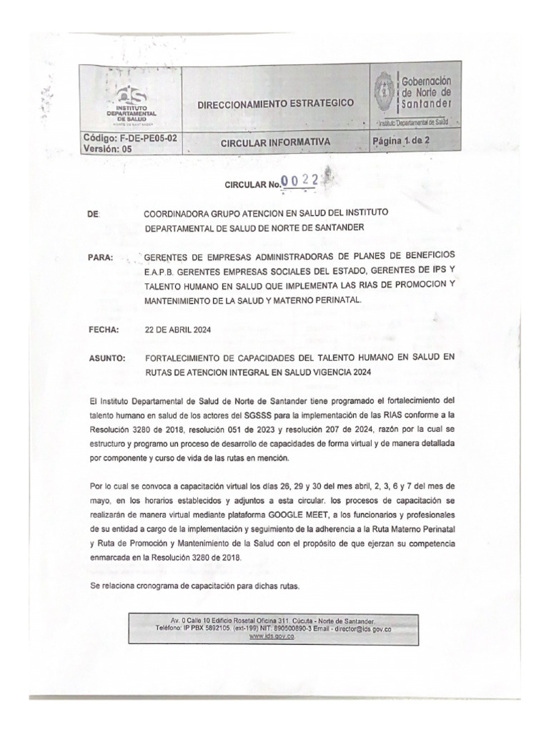 Circular 22 Capacitaciones RIAS | PDF