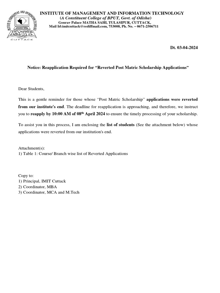 Scholarship Notice For Reverted Applications - 03!04!24 | PDF