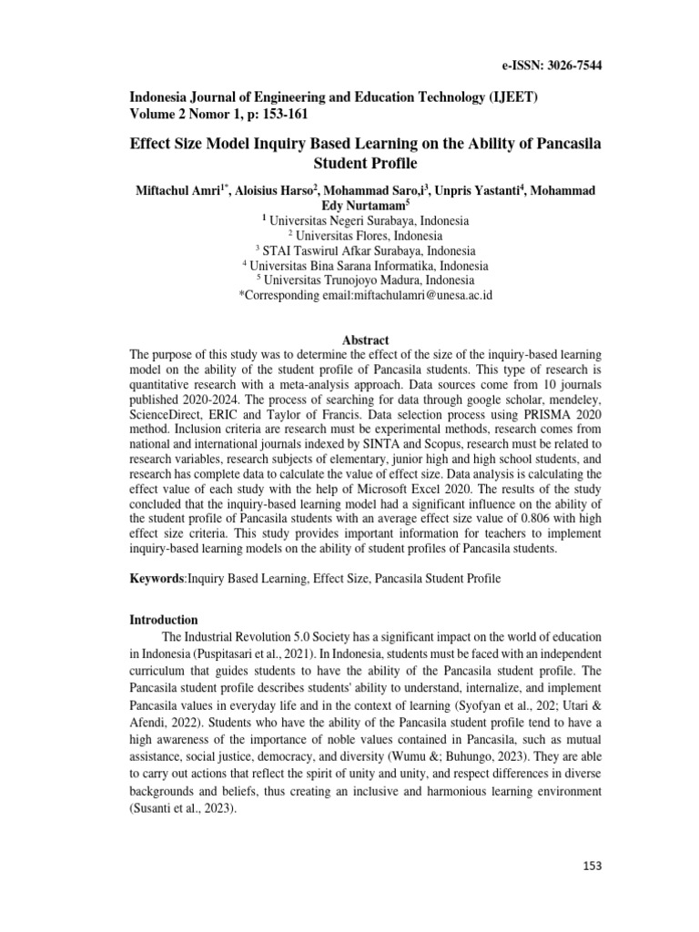 Effect Size Model Inquiry Based Learning On The Ability of Pancasila Student Profile | Download ...