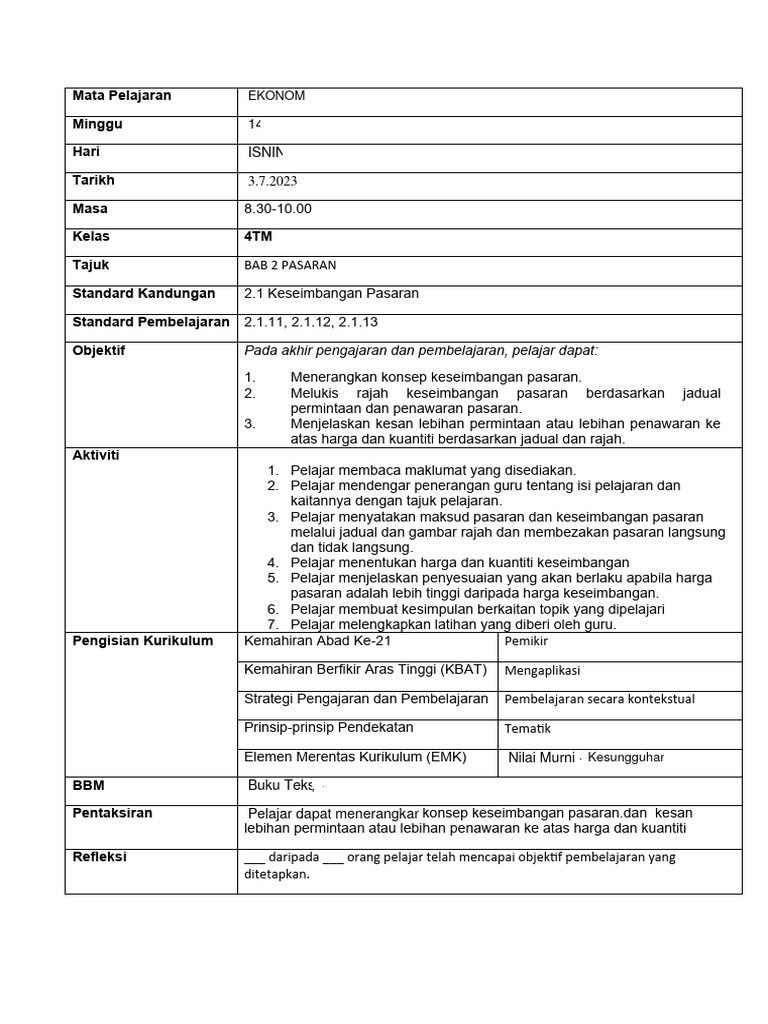Mata Pelajaran Minggu Hari Tarikh Masa Kelas 4TM Tajuk Standard Kandungan Standard Pembelajaran ...