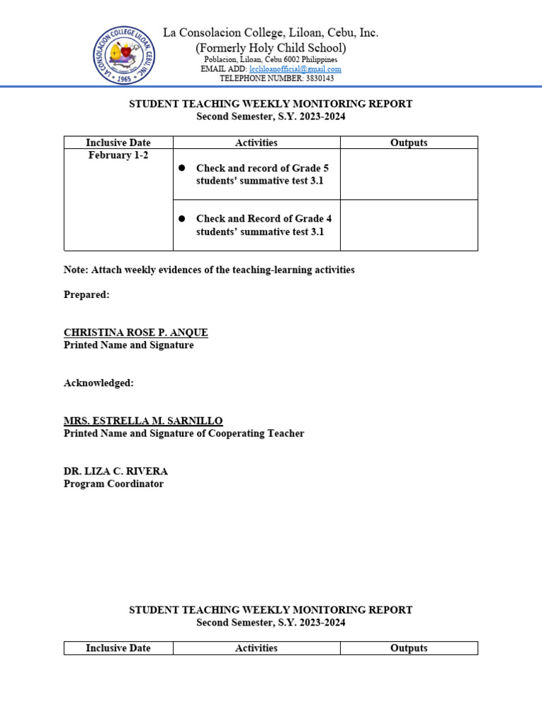 Student Teaching Weekly Report 2023-2024 | PDF | Learning