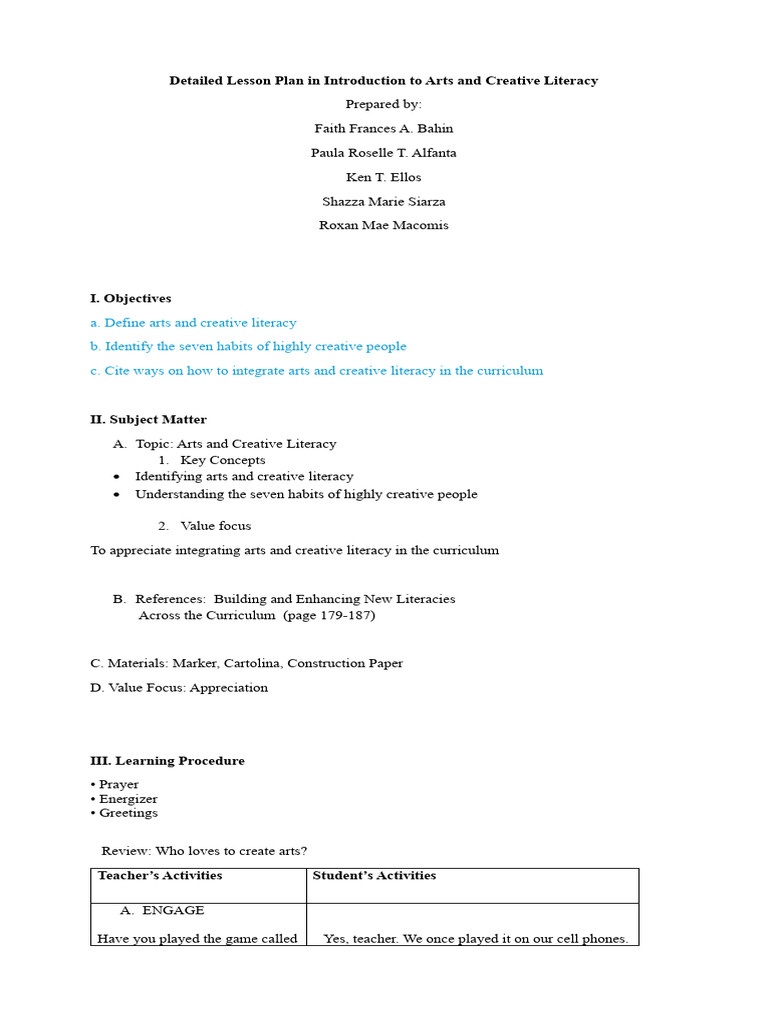 Arts and Creative Literacy Lesson Plan | PDF | Aesthetics | Creativity