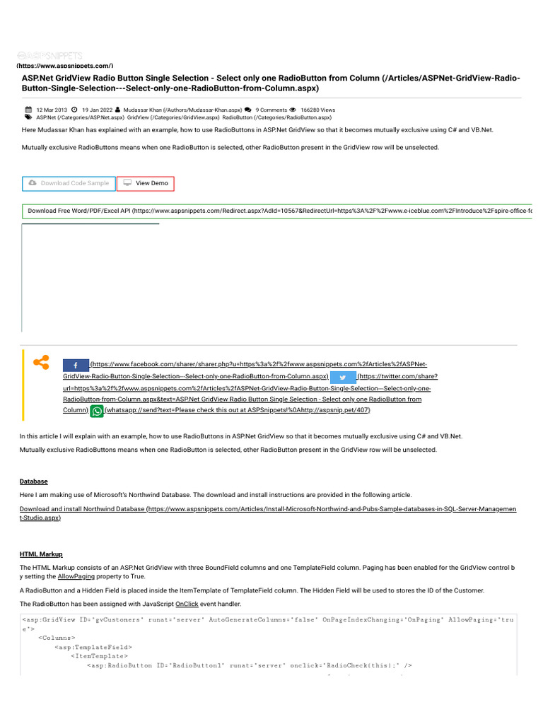 Gridview Radio Button Single Selection Select Only One Radiobutton From Column Pdf C Sharp