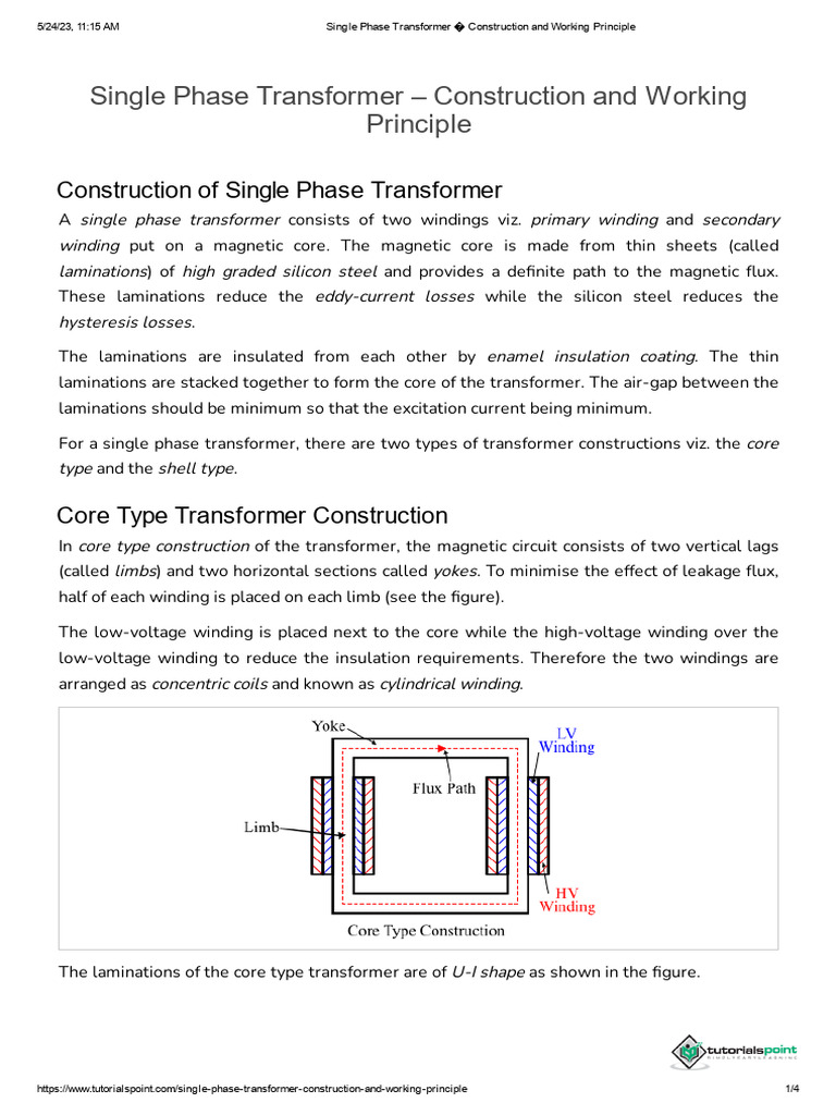 Single Phase Transformer Construction and Working Principle | PDF ...