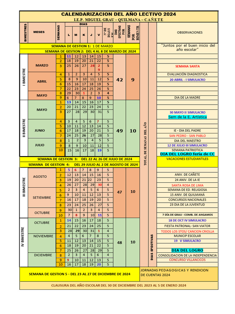 1 Calendarizacion Del Año Lectivo 2024 Oficial | PDF | Observancias | Días festivos