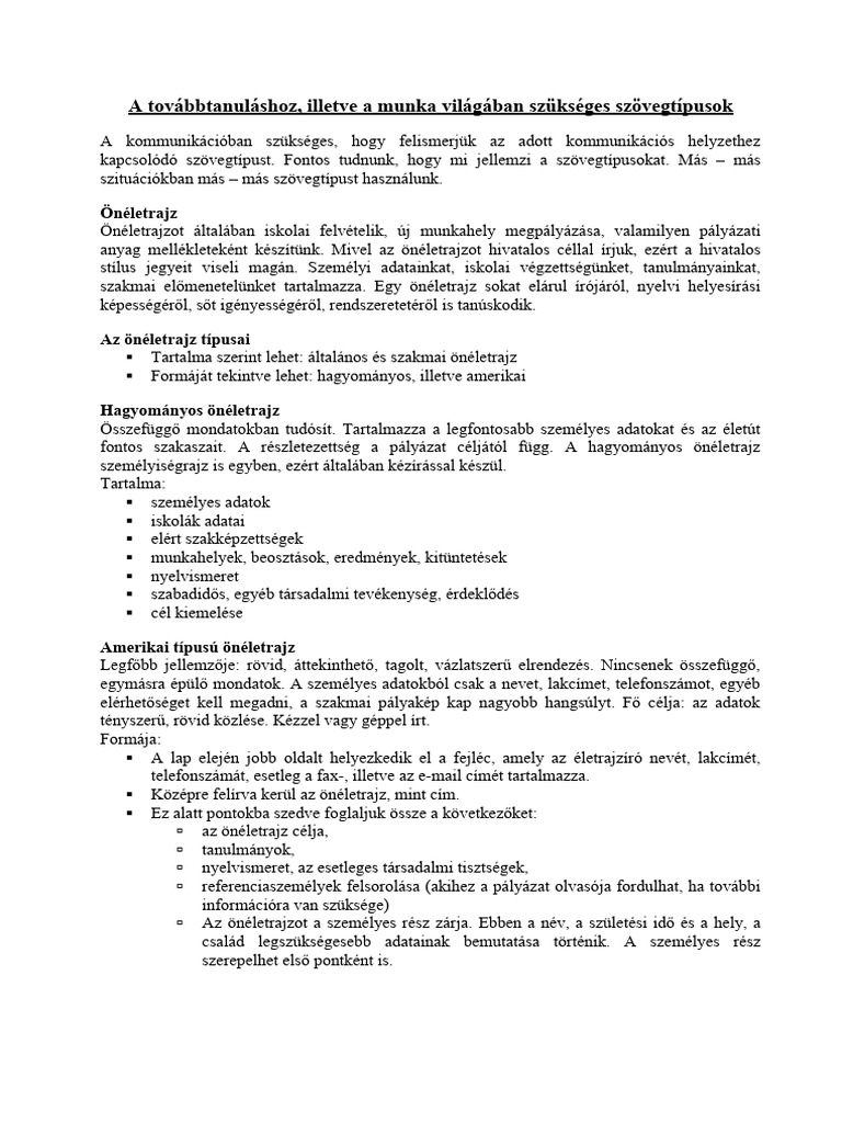 A Továbbtanuláshoz, Illetve A Munka Világában Szükséges Szövegtípusok | PDF