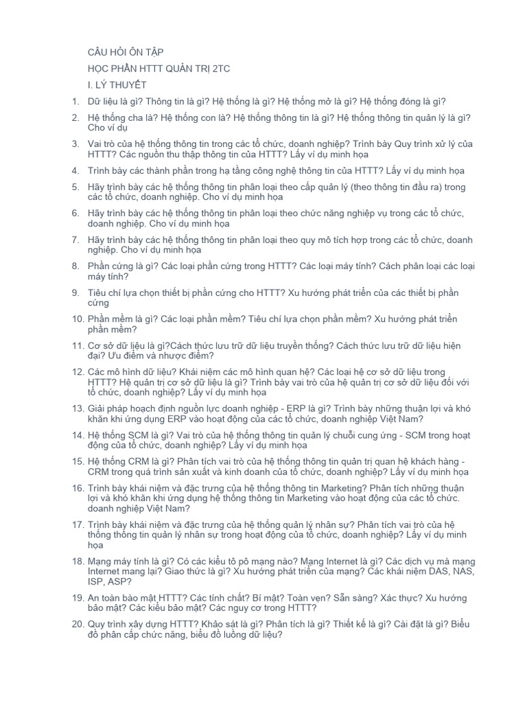 CÂU HỎI ÔN TẬP HTTTQL | PDF