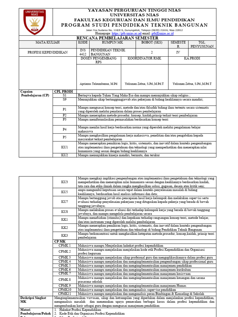 RPS Profesi Kependidikan UNIAS | PDF