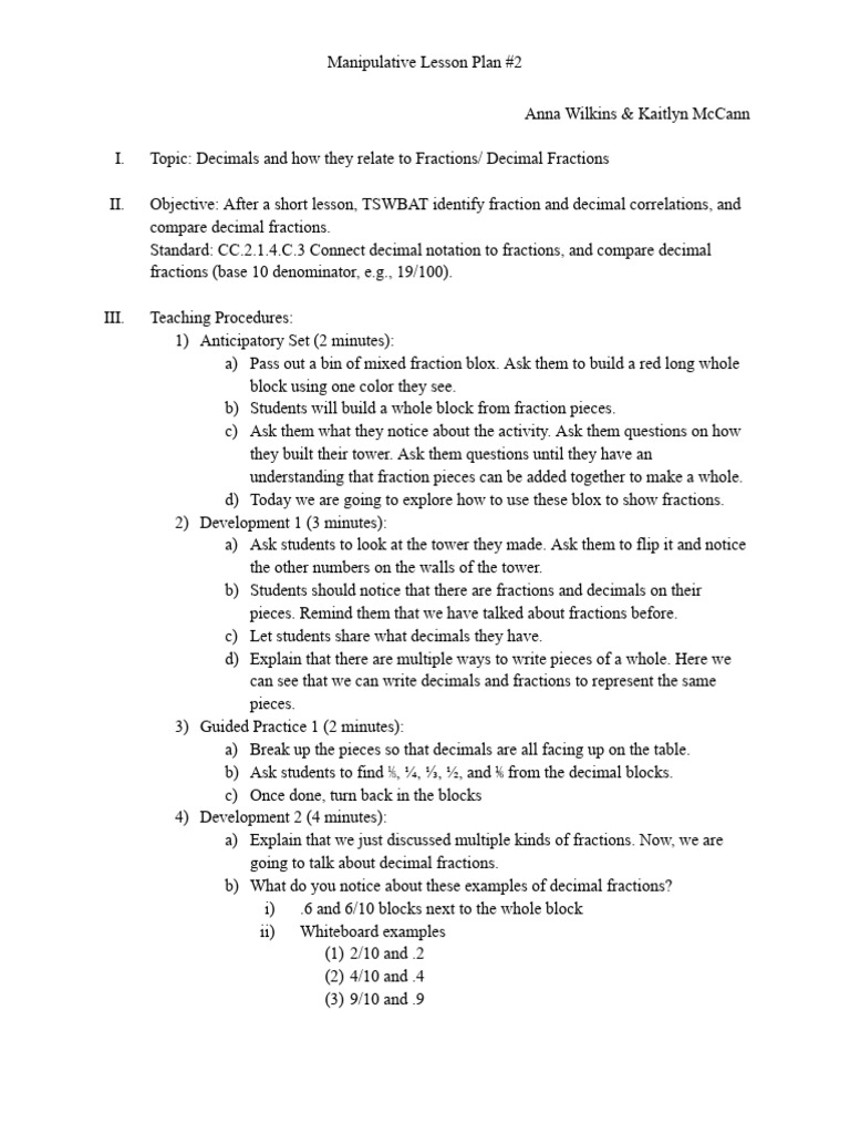Manipulative Lesson Plan 2 | PDF | Decimal | Lesson Plan