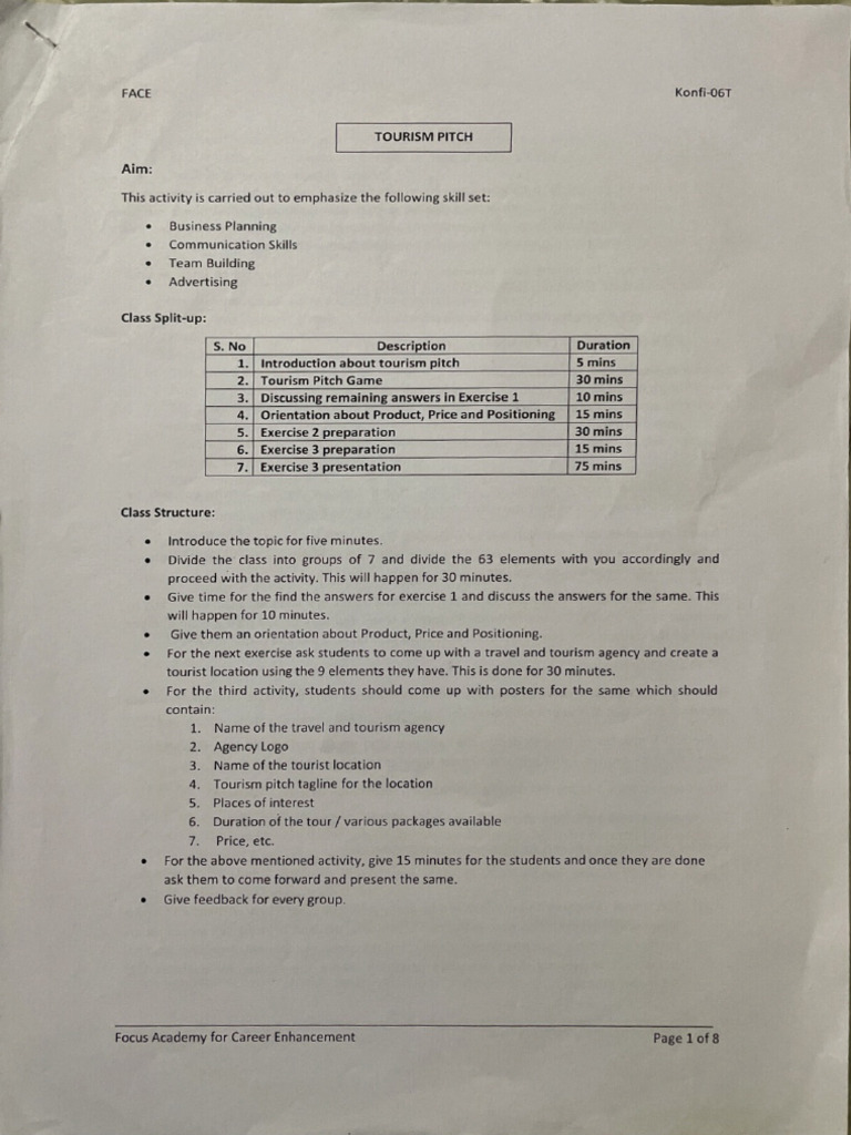 Tourism Pitch Tutor Notes | PDF