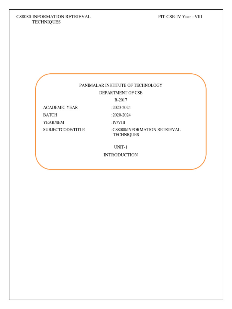 Cs8080 Irt Unit 1 PDF | PDF | Information Retrieval | Search Engine Indexing