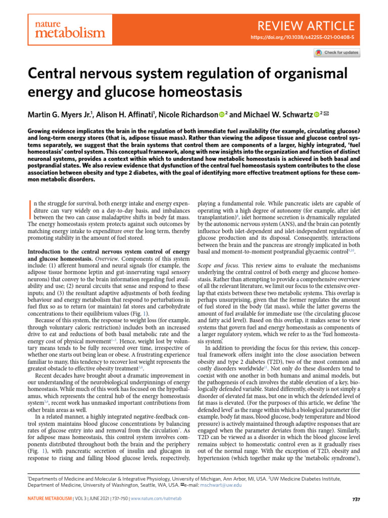 Central Nervous System Regulation of Organismal Energy and Glucose ...