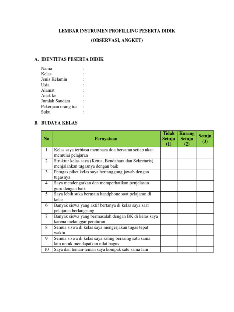 Lembar Instrumen Profilling Peserta Didik | PDF