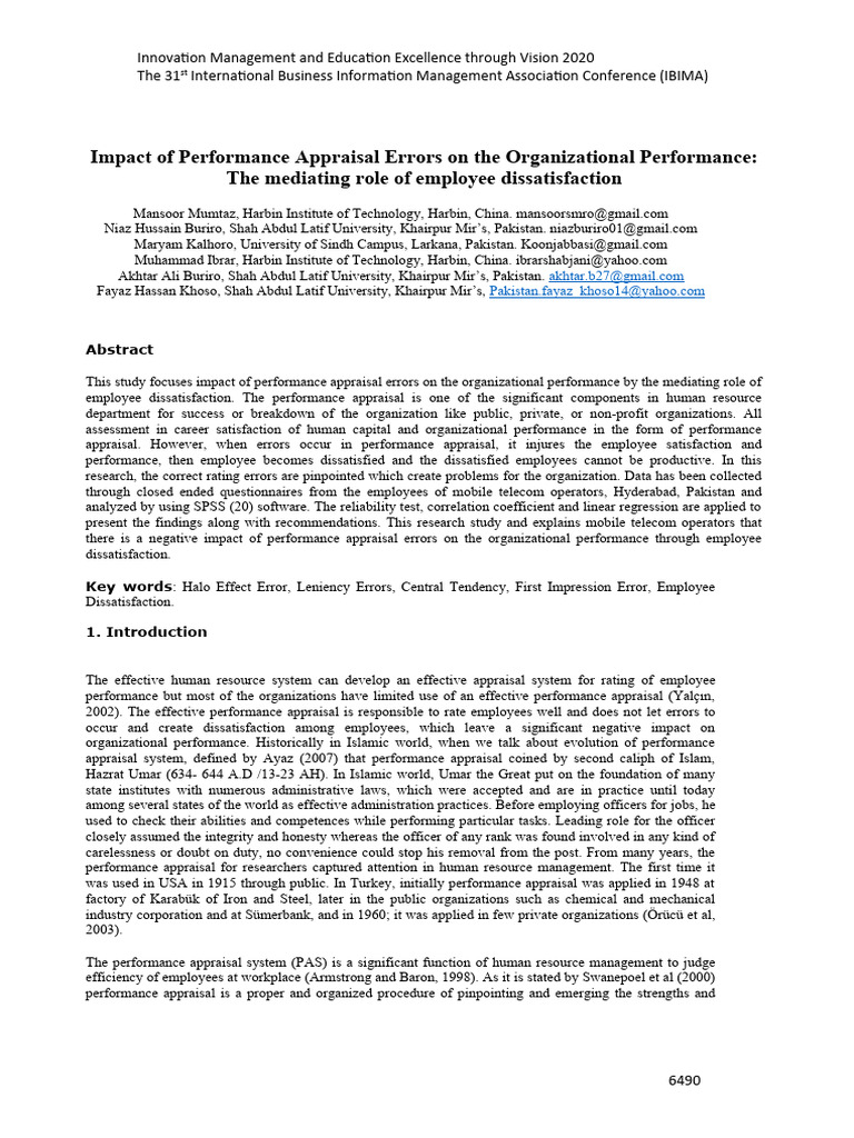 Impact of Performance Appraisal Errors On The Organizational Performance | Download Free PDF ...