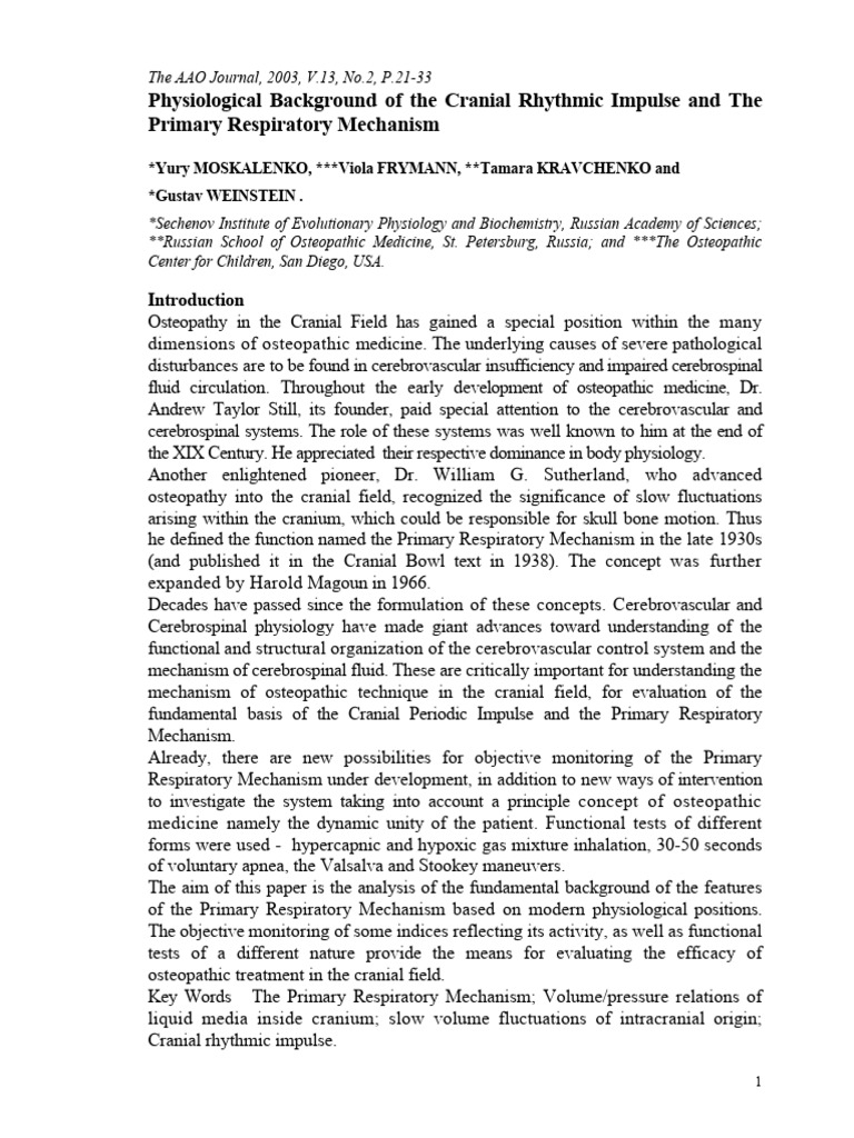 Physiological Background of The Cranial Rhythmic Impulse and The ...