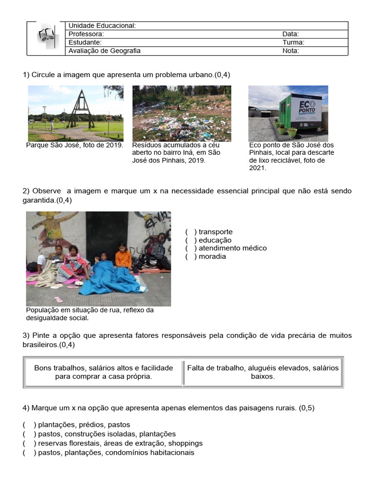 Avaliação Geografia 4º Ano Urbano e Rural | PDF | Agricultura | Desperdício