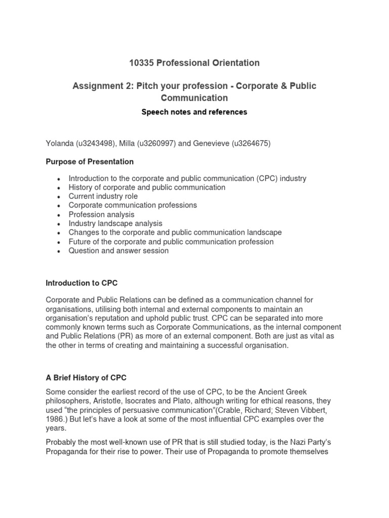 Professional Orientation Assignment 2 - CPC Pitch U3243498 U3260997 U3264675 | PDF | Public ...