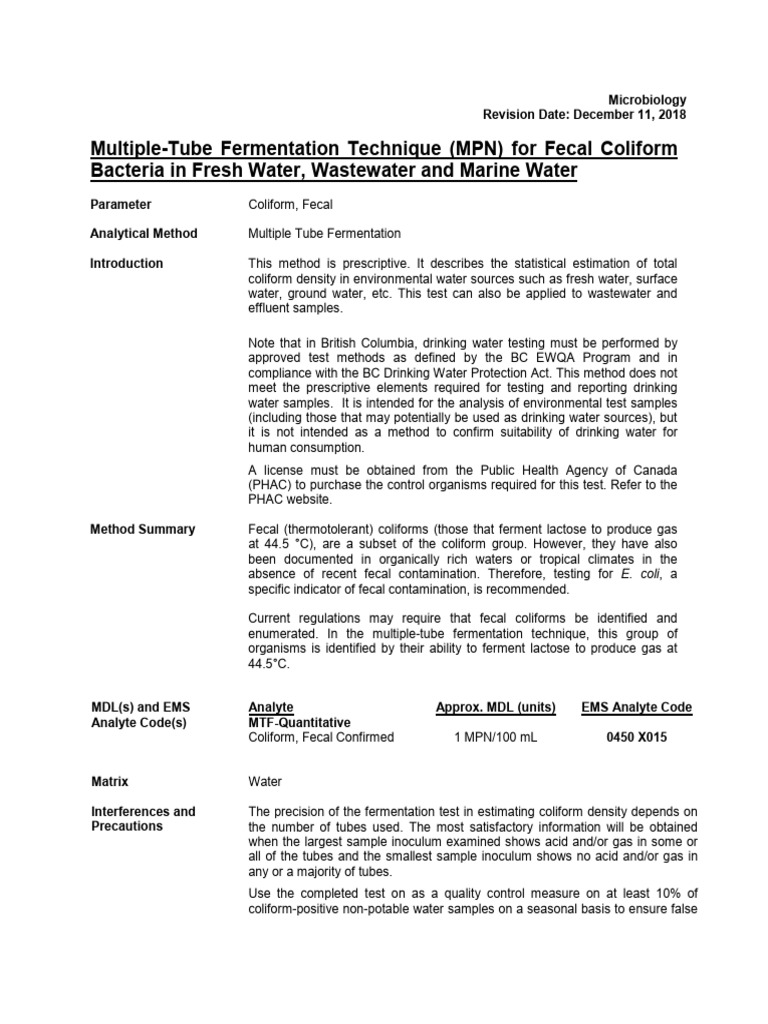 Fecal Coliform Testing in Water | PDF | Drinking Water | Water Supply