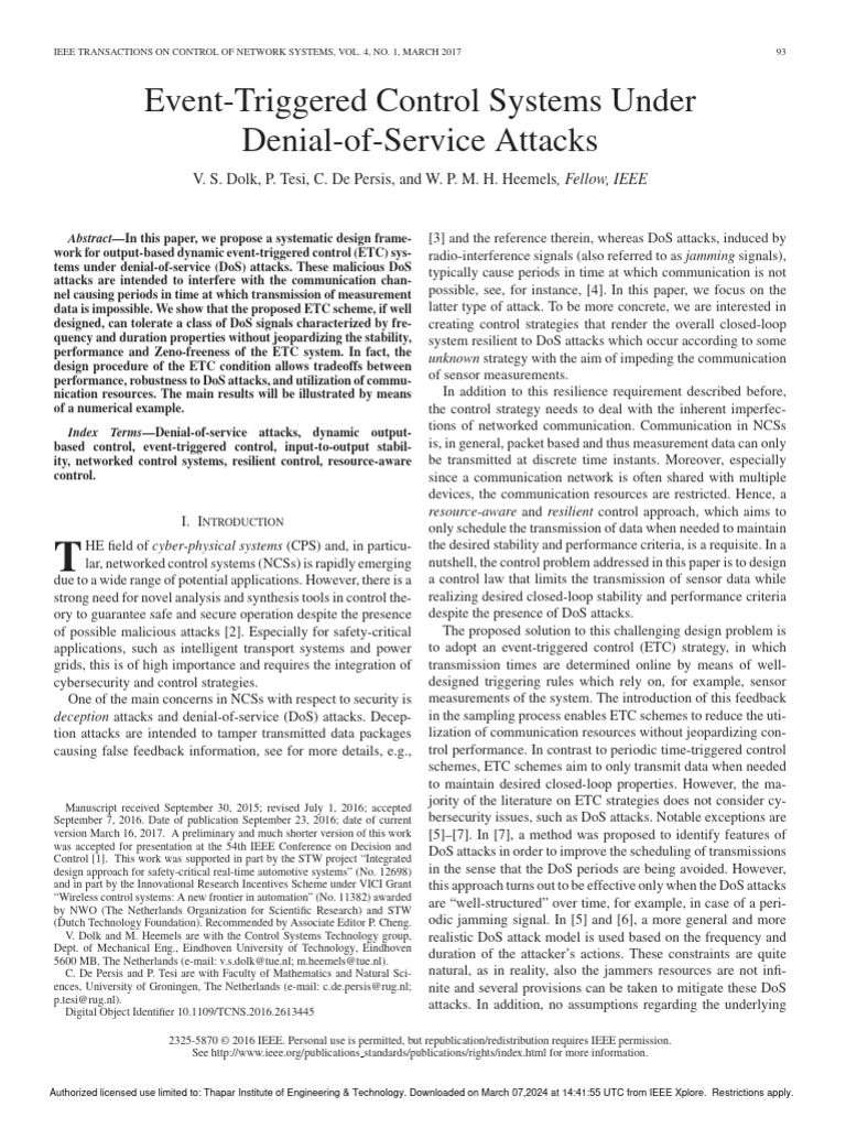 Event-Triggered Control Systems Under Denial-of-Service Attacks | PDF ...