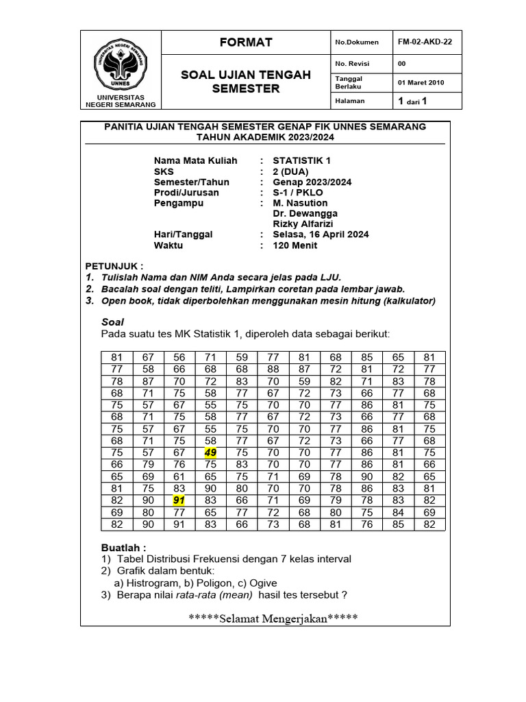 Soal UTS Stat-1 2024 | PDF