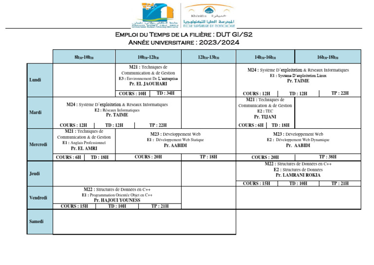Emploi du Temps DUT GI S2 2023/2024 | PDF | Gestion informatique ...