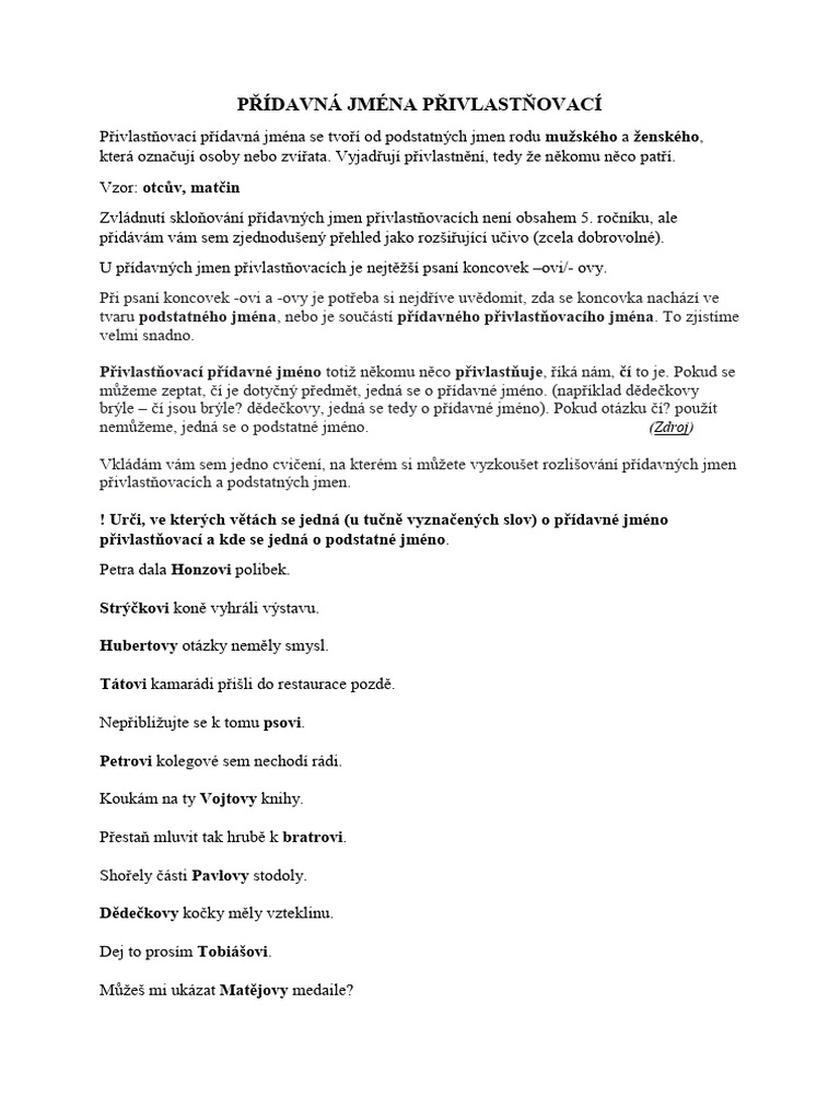 Pridavna Jmena Privlastnovaci | PDF