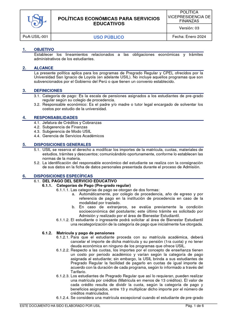 PoA-USIL-001 Políticas Económicas para Servicios Educativos - v3 - Ene2024 | PDF | Tarjeta de ...