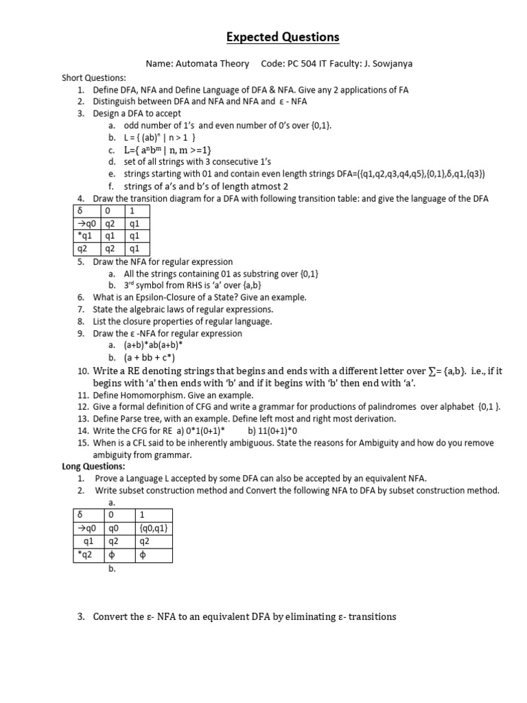 AT Expected Questions | PDF | Mathematics | Theoretical Computer Science