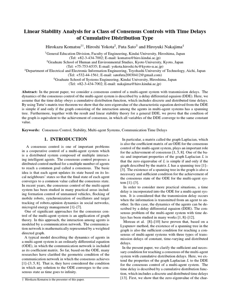 Consensus Control with Time Delays Analysis | PDF | Eigenvalues And ...