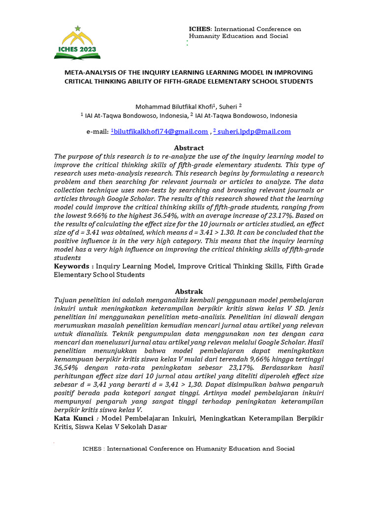 1 - META-ANALYSIS OF THE INQUIRY LEARNING LEARNING MODEL IN IMPROVING CRITICAL THINKING ABILITY ...