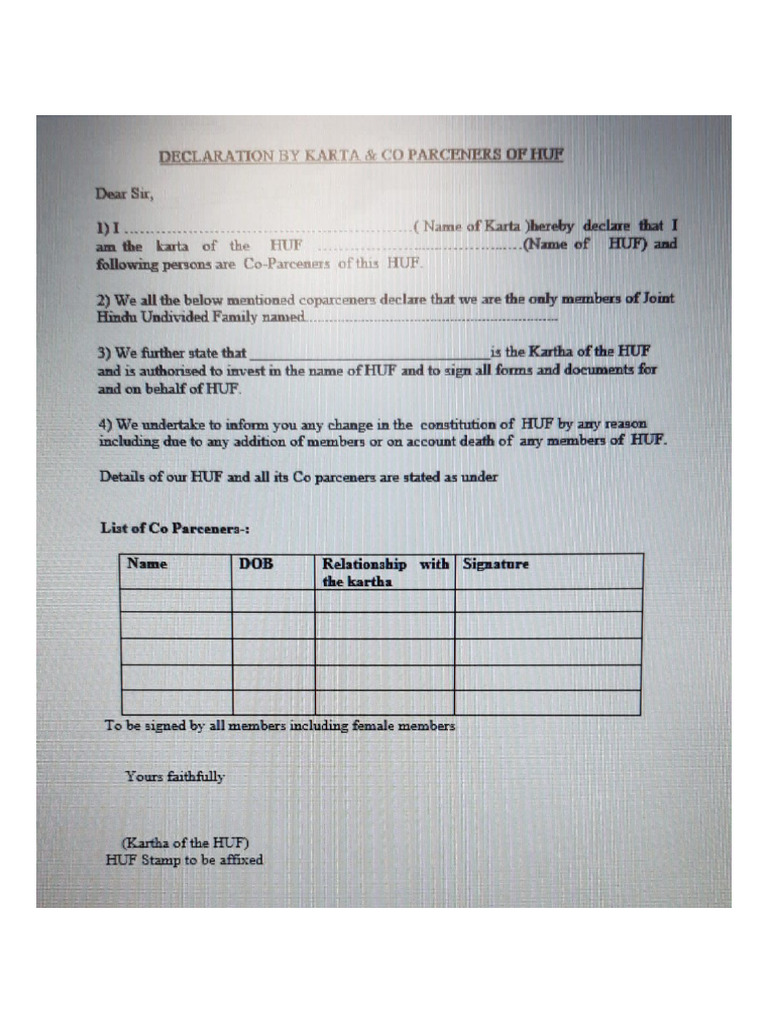 Declaration by Karta N HUF Coparcener List | PDF
