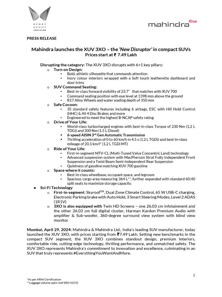 Mahindra Launches The XUV 3XO The New Disruptor in Compact SUVs - Final ...