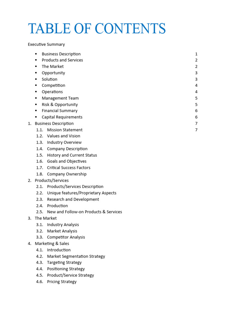 Business Plan TABLE OF CONTENTS | PDF | Valuation (Finance) | Marketing