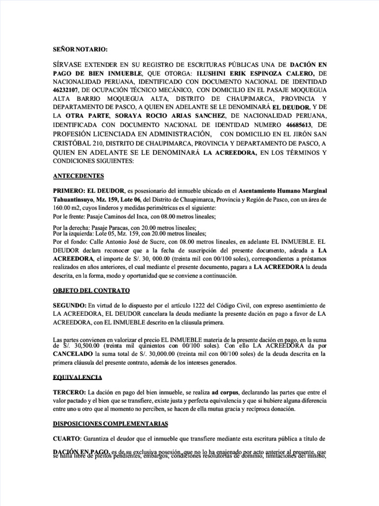 MINUTA EN DACION DE PAGO | PDF | Pagos | Derecho empresarial