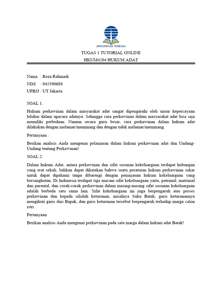 Reza Rahmadi Tugas 1 Tuton Hkum4204 Hukum Adat | PDF