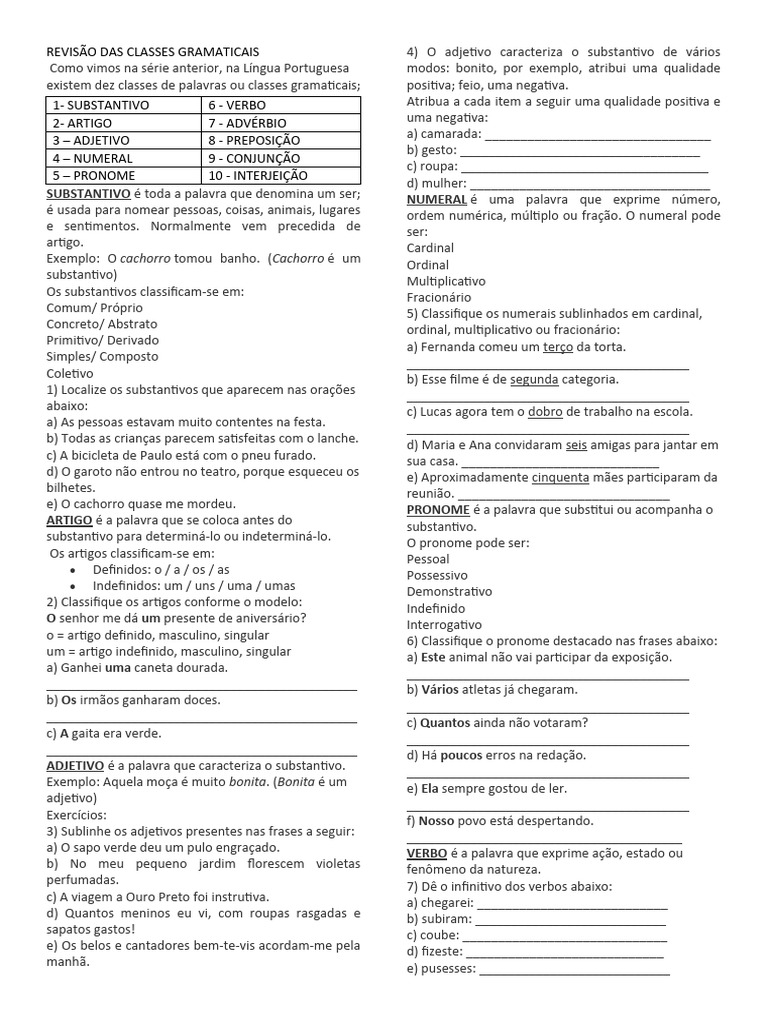 Revisão Das Classe Grmaticais 7º Ano | PDF | Pronome | Classe gramatical