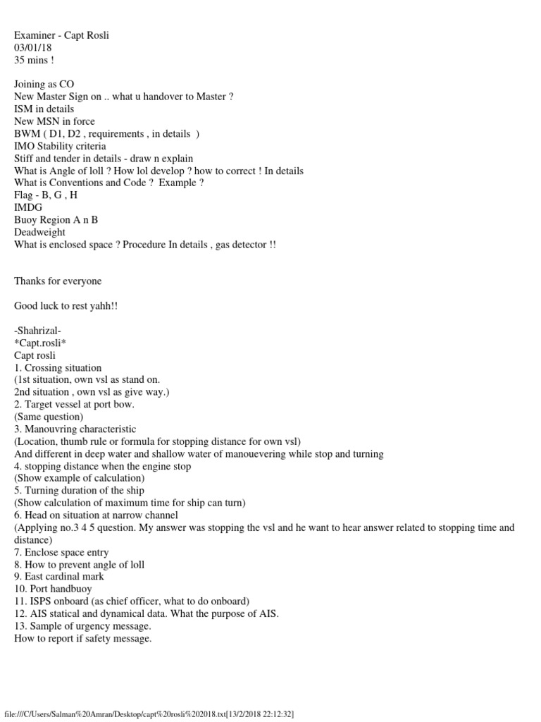 Capt Rosli Oral question 2018 | PDF