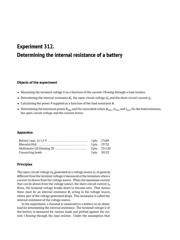 Determining the internal resistance of a battery | PDF | Electrical ...
