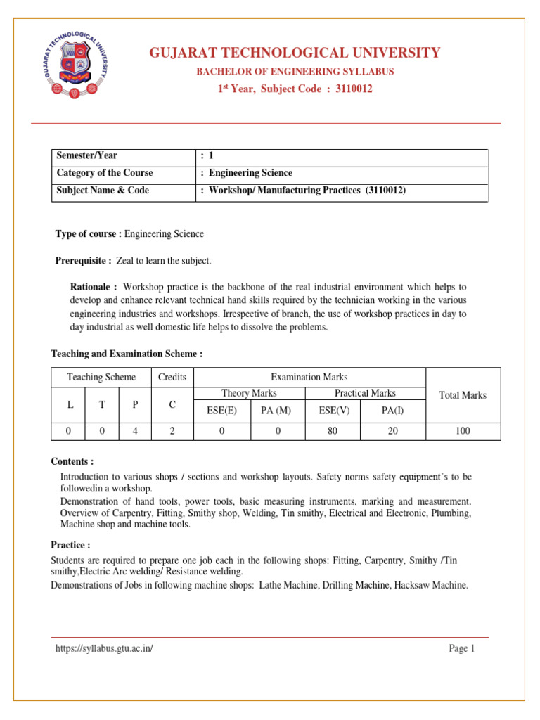 Gujarat Technological University: 1 Year, Subject Code: 3110012 | PDF ...