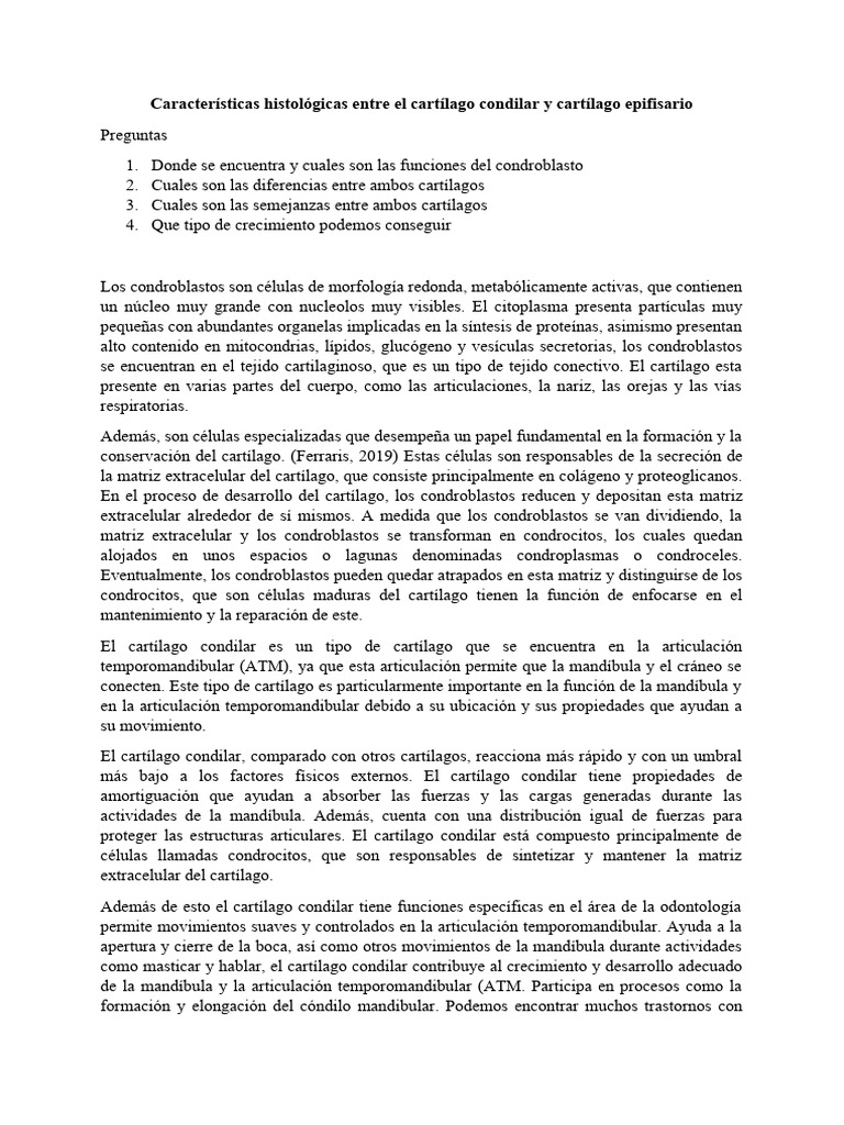 Diferencias entre cartílago condilar y epifisario | PDF | Cartílago ...