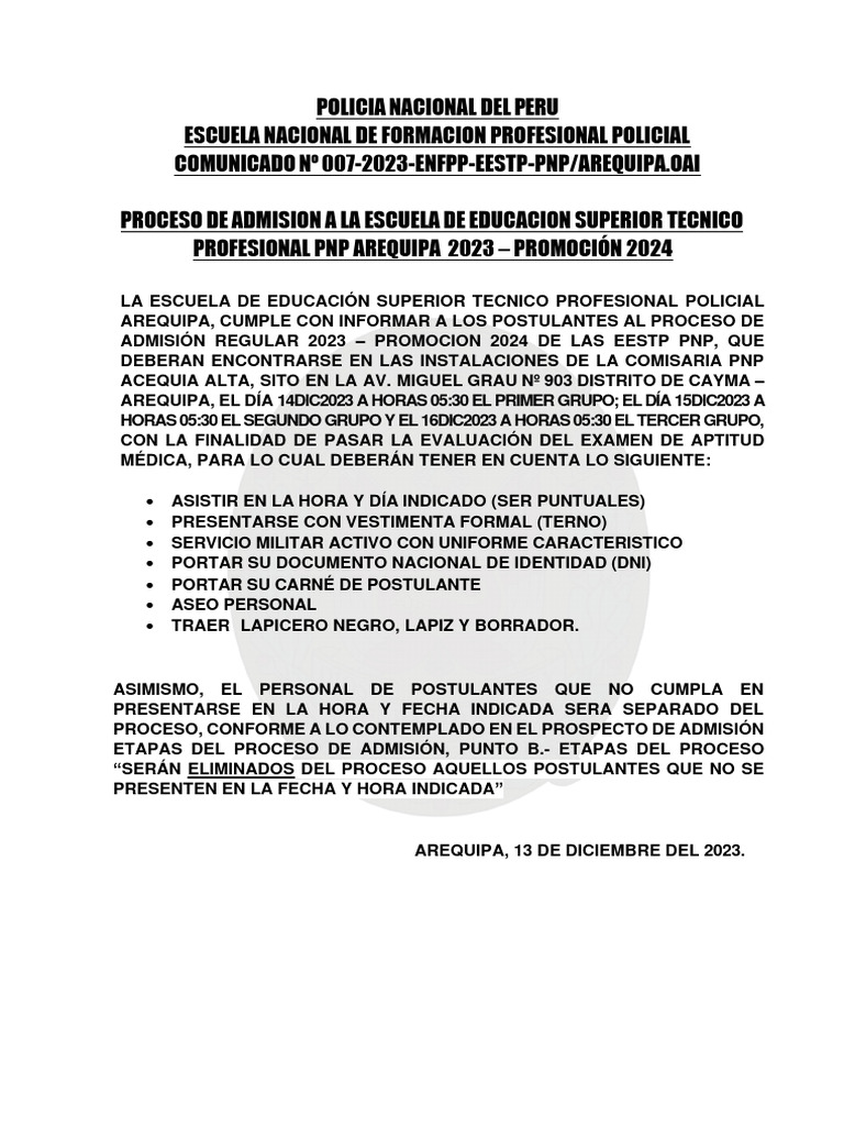Comunicado 07 Eestp Arequipa | PDF