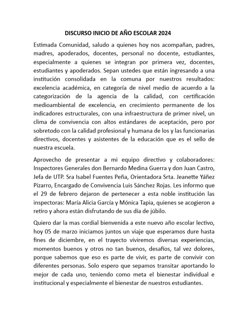 Discurso Inicio de Año Escolar 2024 | PDF | Escuelas