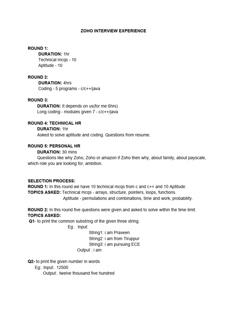 Zoho Interview Experience | PDF | Automated Teller Machine | Computer Engineering