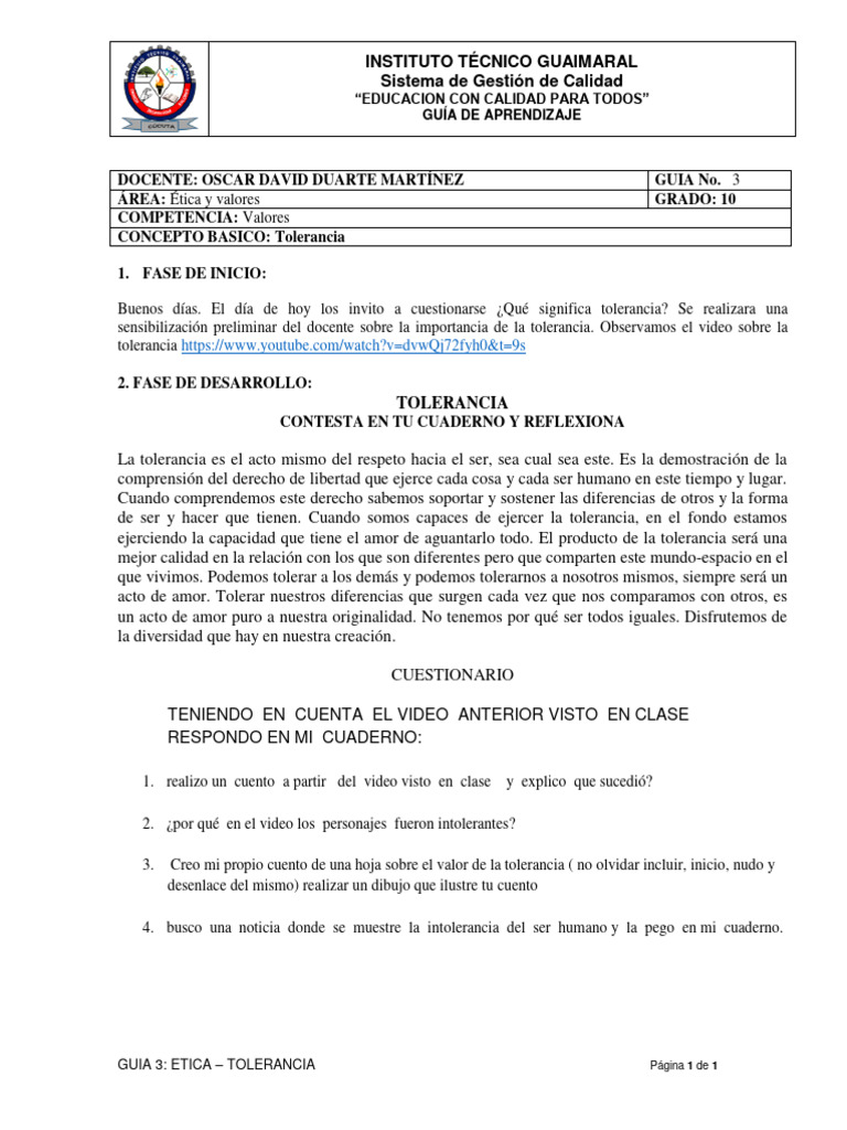 Guia 3 Tolerancia 31 marzo | PDF | Tolerancia | Amor