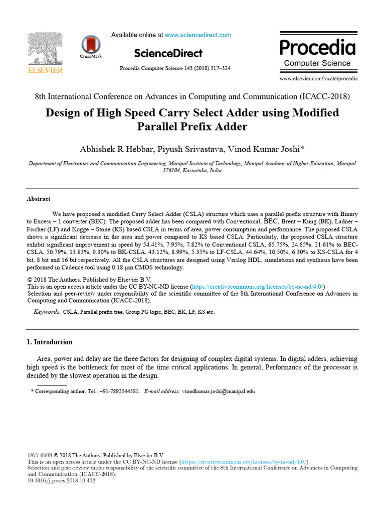 Design of High Speed Carry Select Adder Using Modi | PDF | Computer Engineering | Digital ...