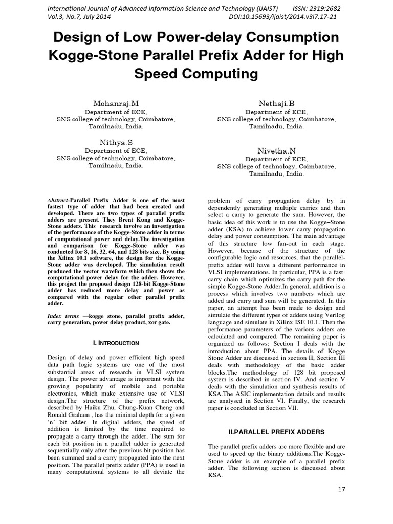 DesignofLowPowerdelayConsumptionKoggeStoneParallelPrefixAdderforHighSpeedComputing.pdf | PDF ...