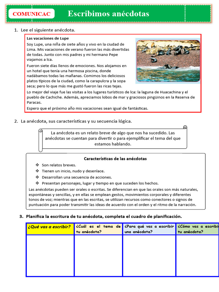D3 A2 FICHA COM. Escribe anécdotas | PDF