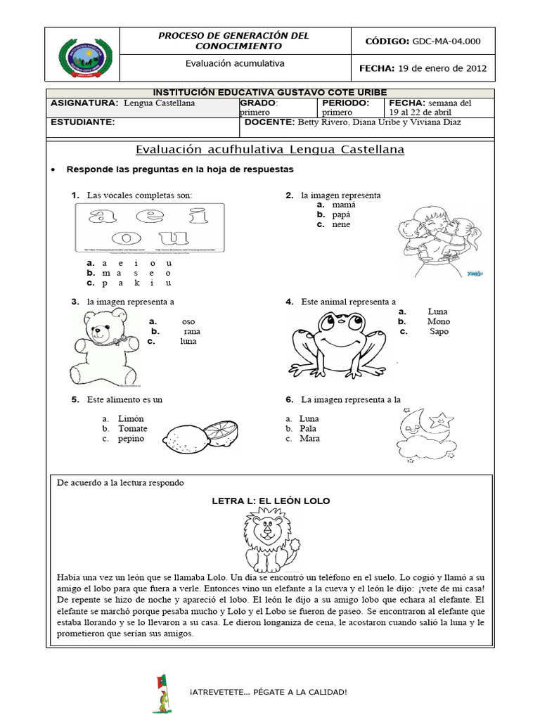 Evaluación de Español Grado Primero | PDF