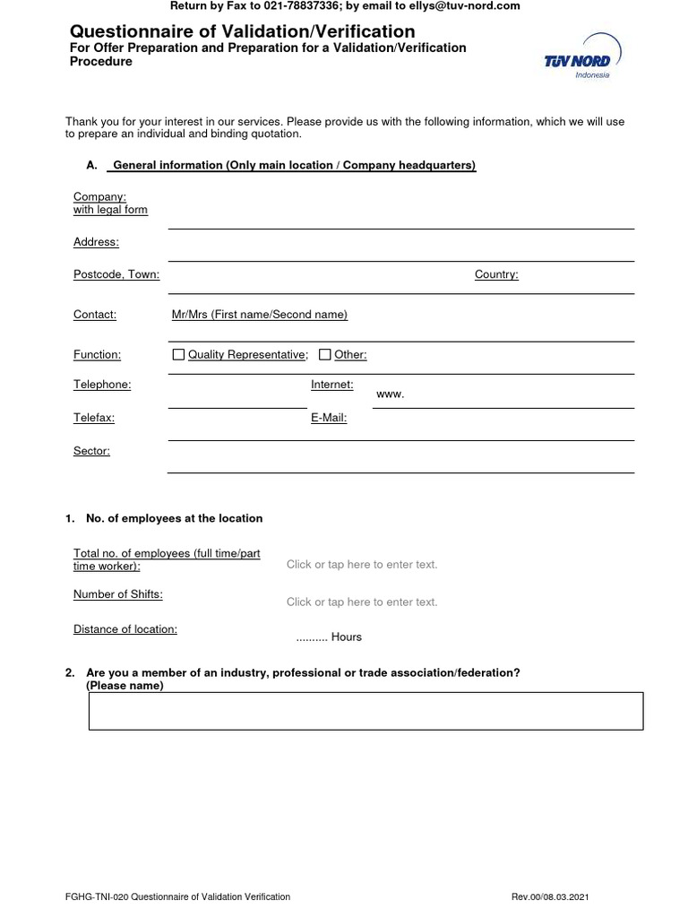 FGHG-TNI-020 Questionnaire of Validation Verification | PDF ...
